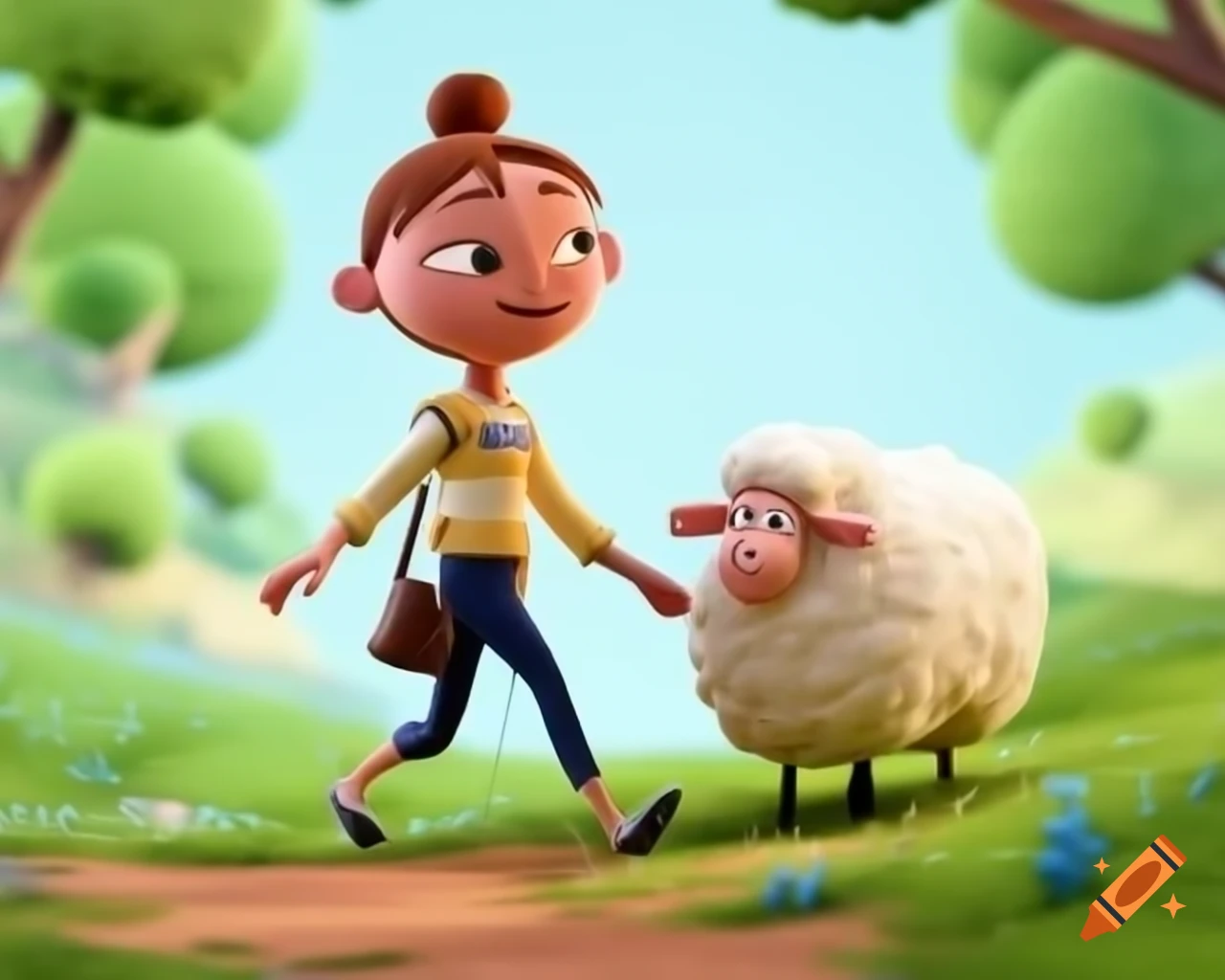 Woman walking sheep in disney pixar 3d animation style on Craiyon
