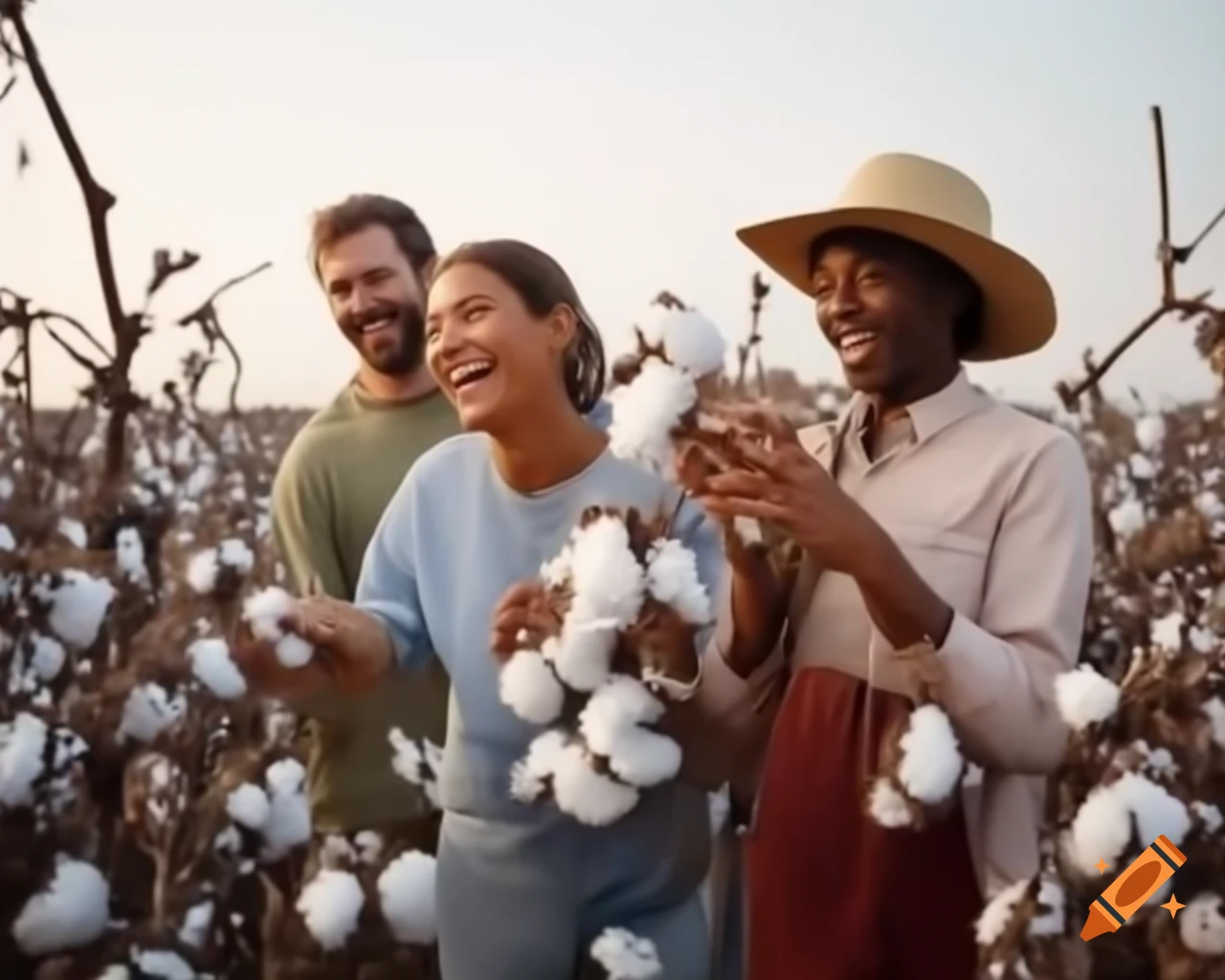 Group of happy people picking cotton together in a field on Craiyon