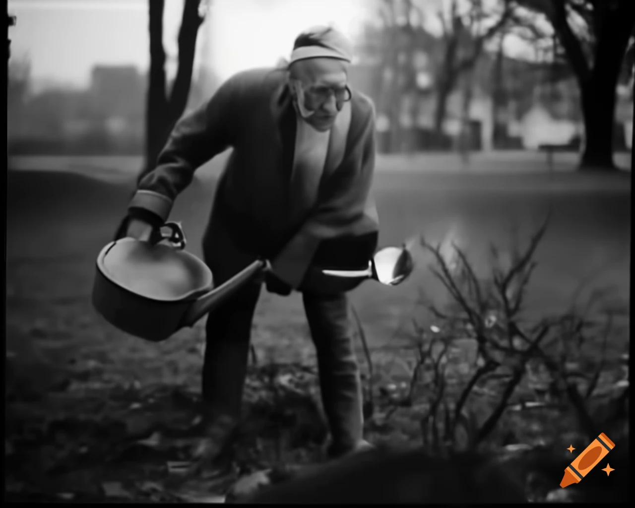 Old man watering a tree on Craiyon