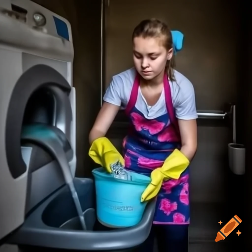 Caucasian cleaning lady collecting soapy water from washing machine in ...