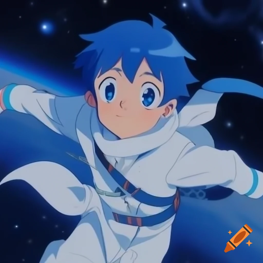 Anime boy with blue hair in white coat floating in space on Craiyon
