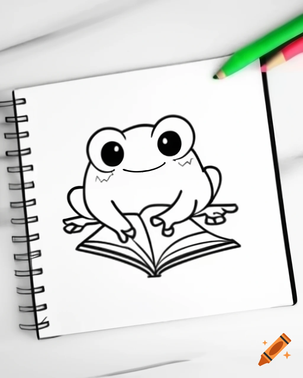 Frog writing in notebook with pencil, coloring book illustration on Craiyon