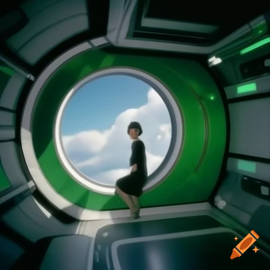 Art studio aboard a spaceship with large oval windows and green silver ...