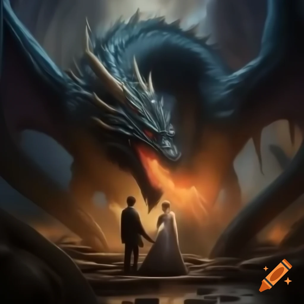 Married couple battling dragon together in epic fantasy scene, 3:1 ...