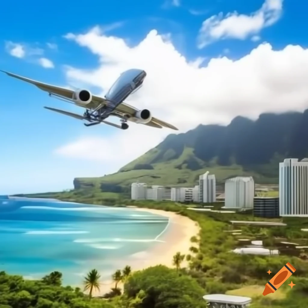 Hawaiian beach with transport plane landing in front of the camera on ...