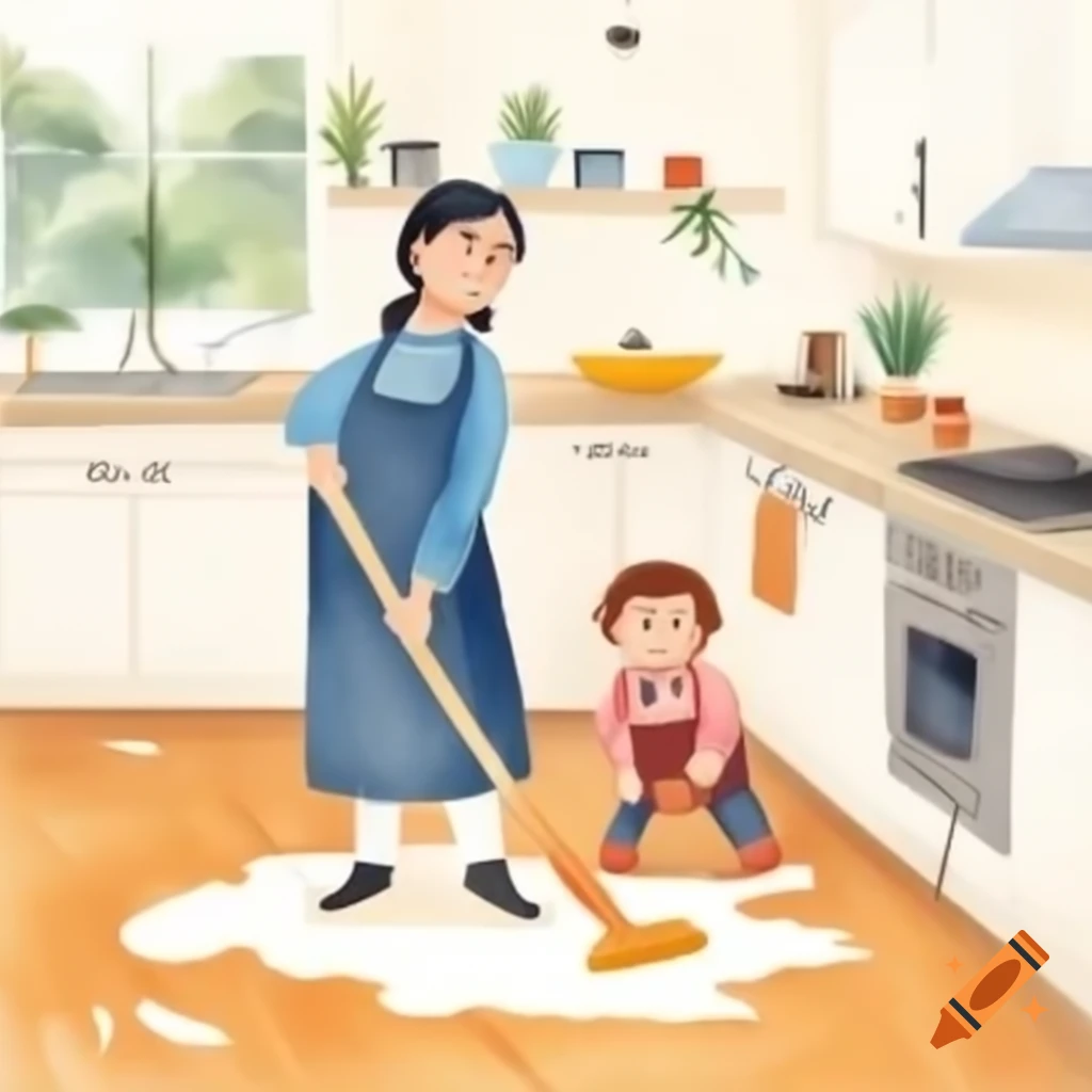Animated mother sweeping kitchen floor with toddler beside her on Craiyon