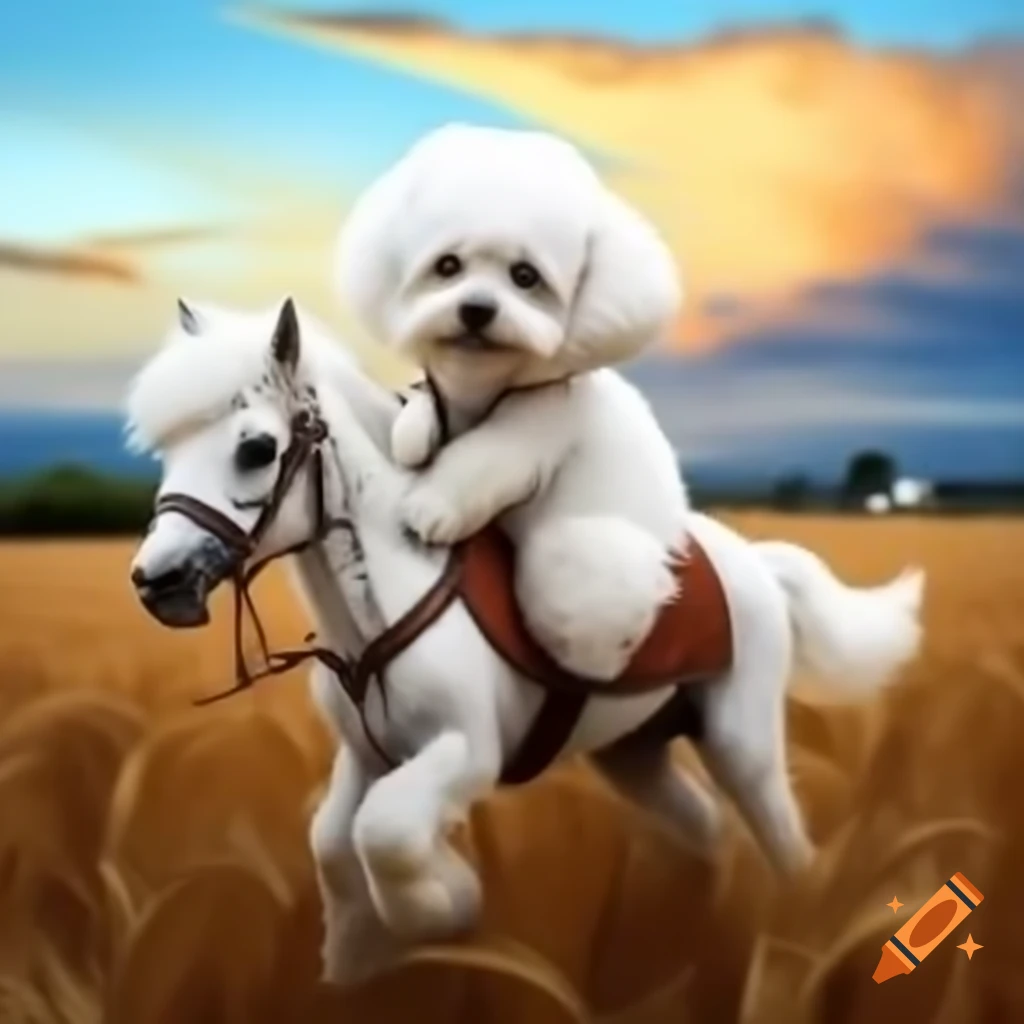 Scruffy bichon frise riding white horse in wheat field at sunset on Craiyon
