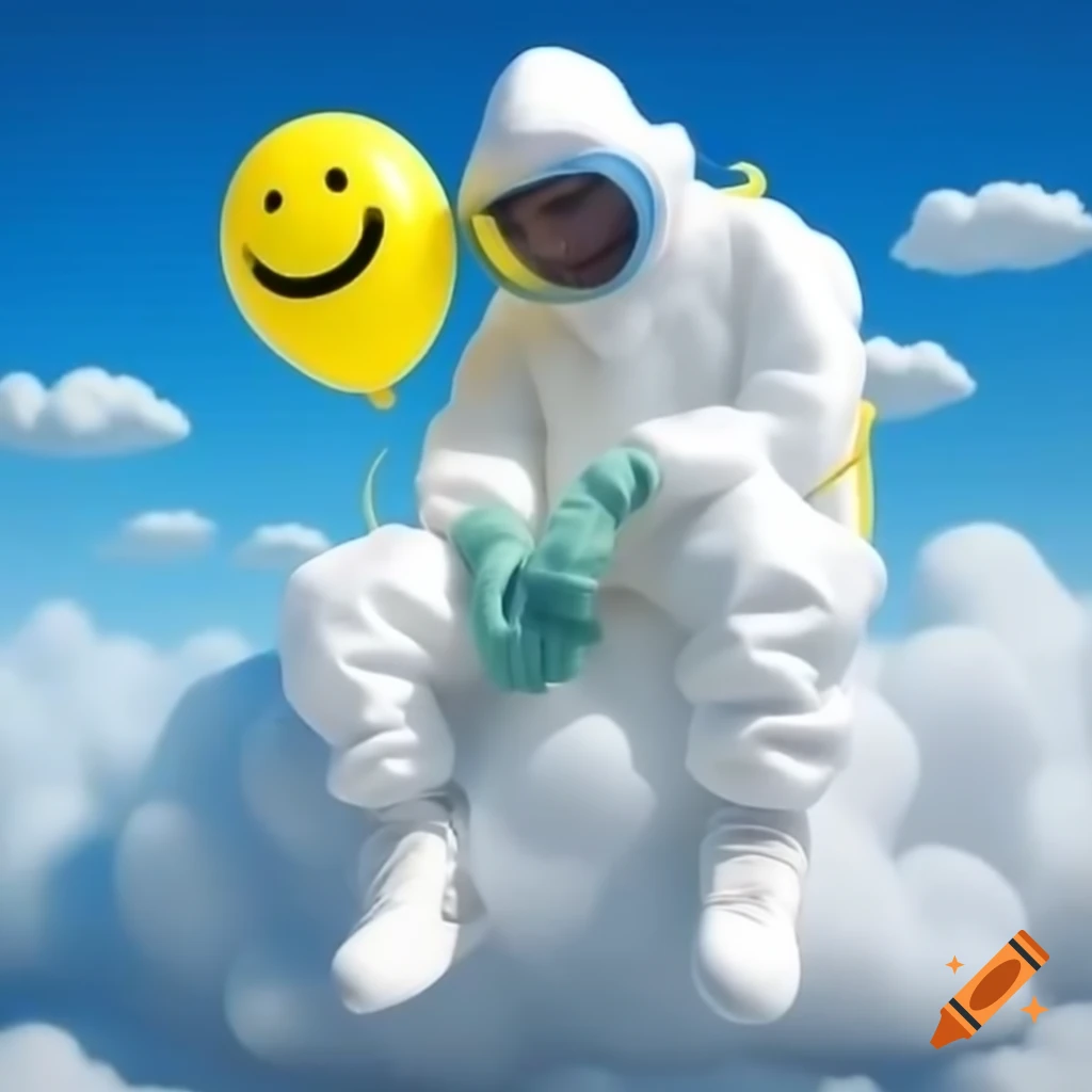 Rapper in hazmat suit sitting in clouds holding yellow balloon on Craiyon