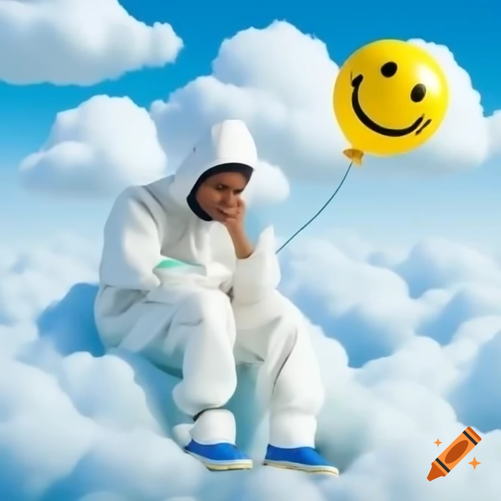 Rapper in hazmat suit sitting on clouds holding yellow balloon on Craiyon
