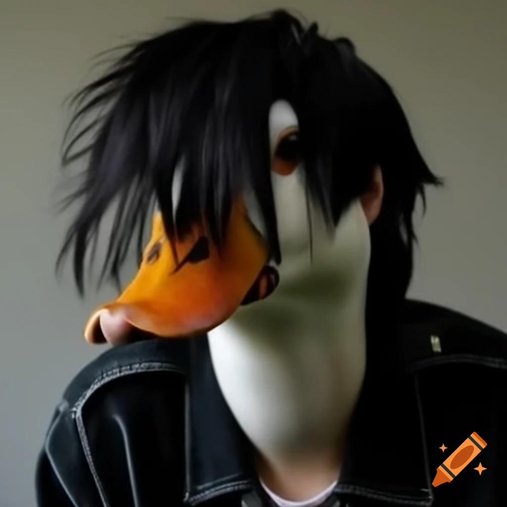 Male duck wearing black denim jacket and having shaggy black hair on ...