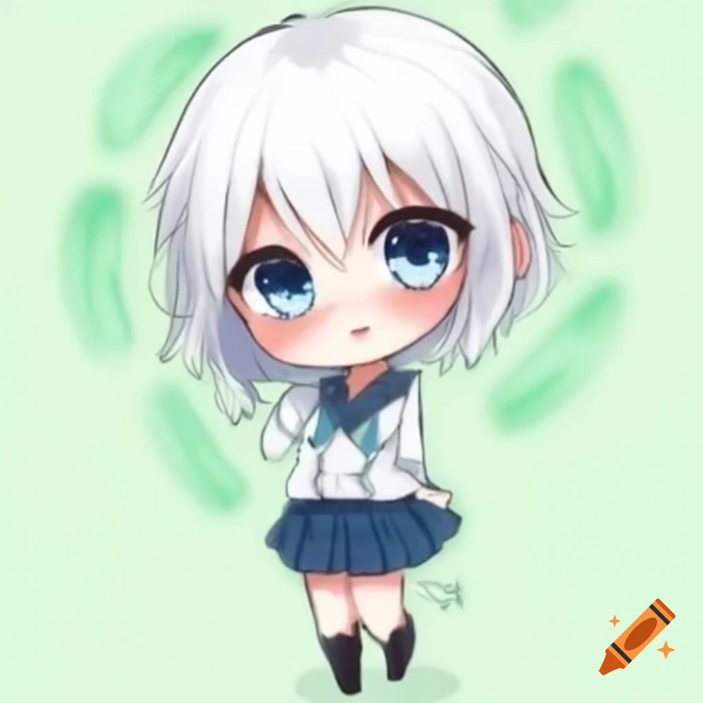 Anime chibi character with white hair and blue tears, wearing a white ...