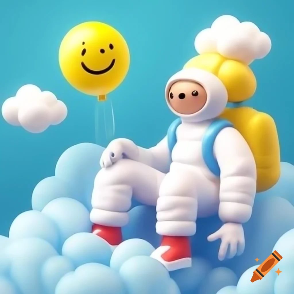 Rapper in hazmat suit sitting on clouds holding yellow balloon on Craiyon