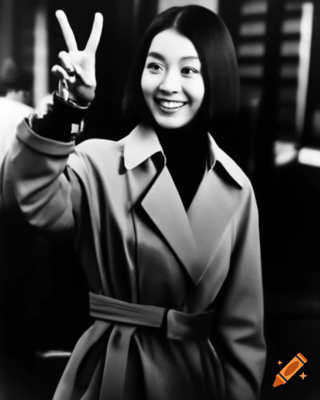 Vintage paparazzi photo of smiling japanese cheerleader doing peace ...
