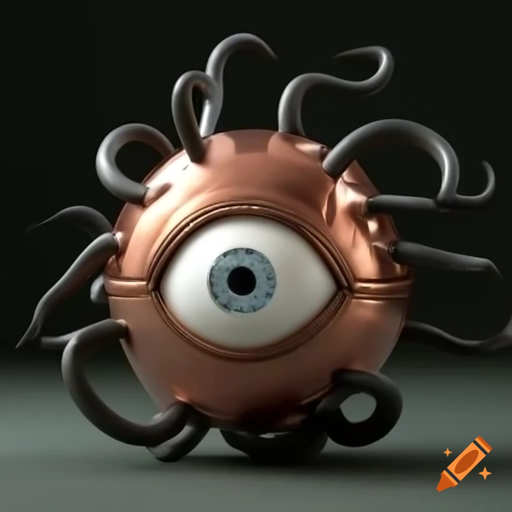 Gigantic red eye in dark iron sphere surrounded by rusted tentacles on ...