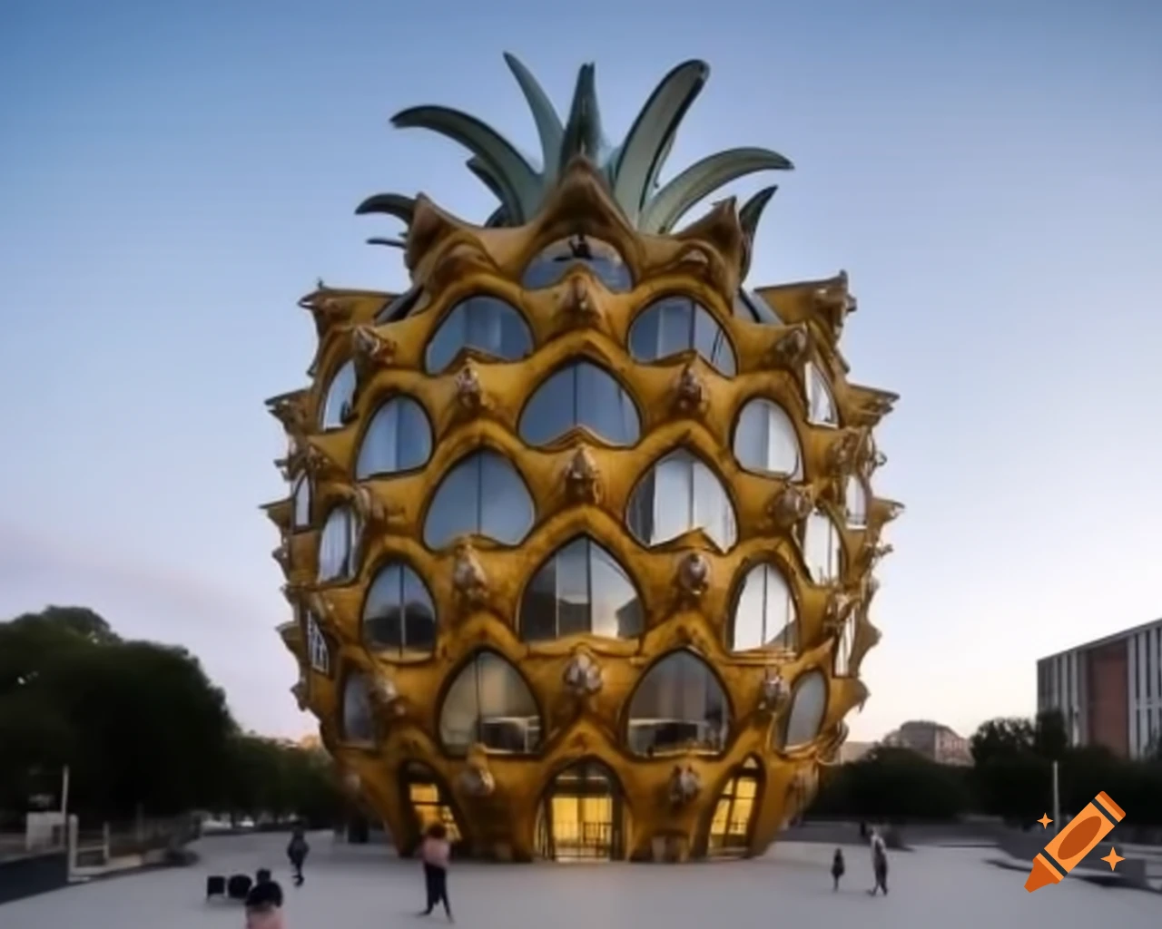 Sinister pineapple house with glass windows in Times Square, solarpunk ...