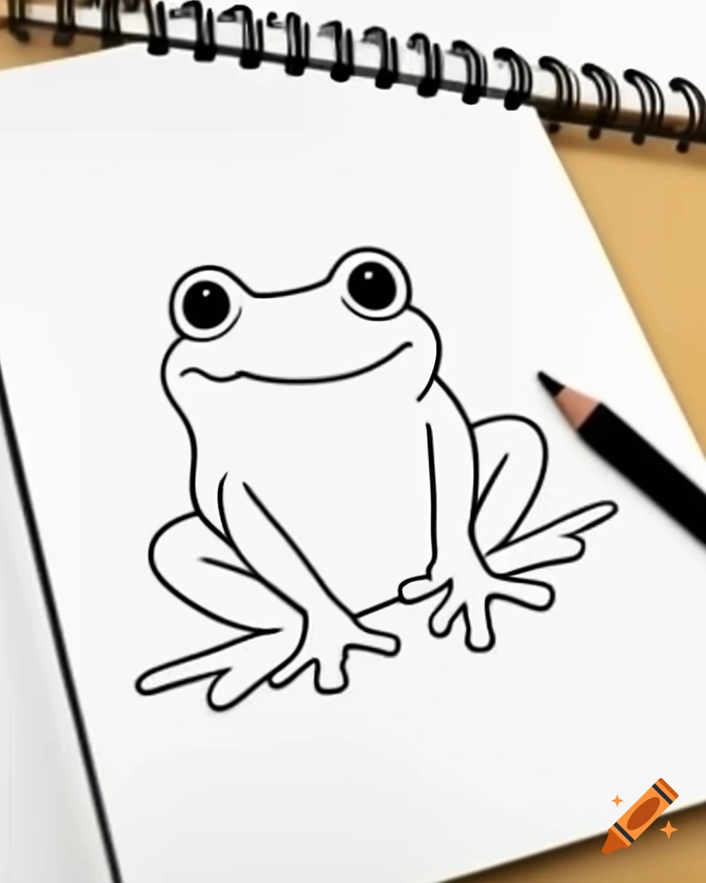 Frog writing in notebook with pencil, coloring book illustration on Craiyon