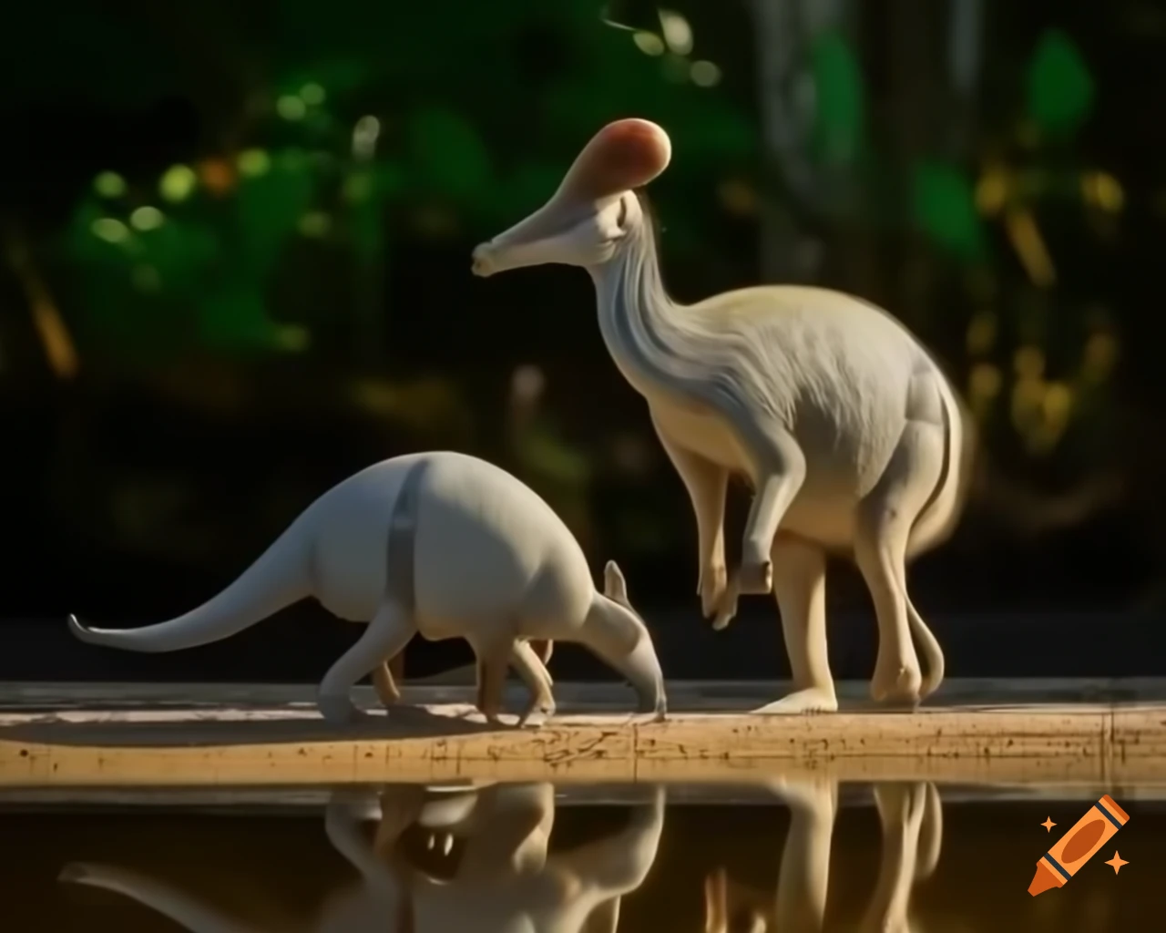 Pair of Parasaurolophus walking along sunny shore of forest pond ...