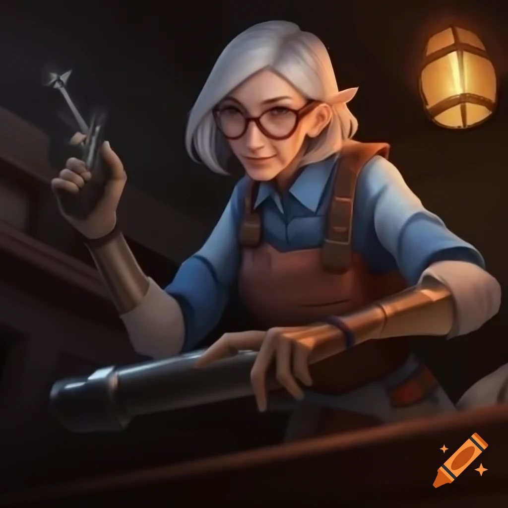 Fantasy female engineer working on experimental weapon, high resolution ...