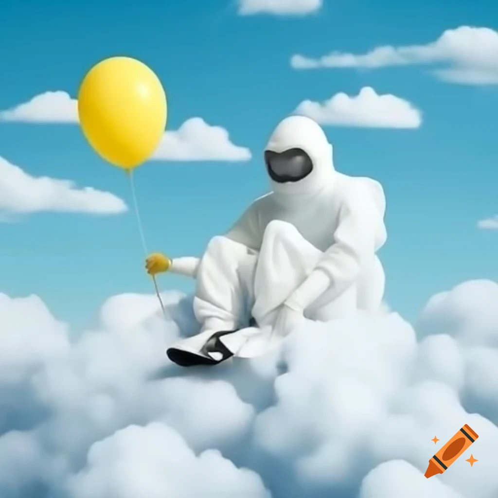 Rapper in hazmat suit sitting on clouds holding yellow balloon on Craiyon