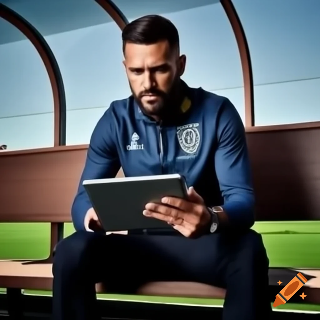 Football manager using tablet on bench on Craiyon