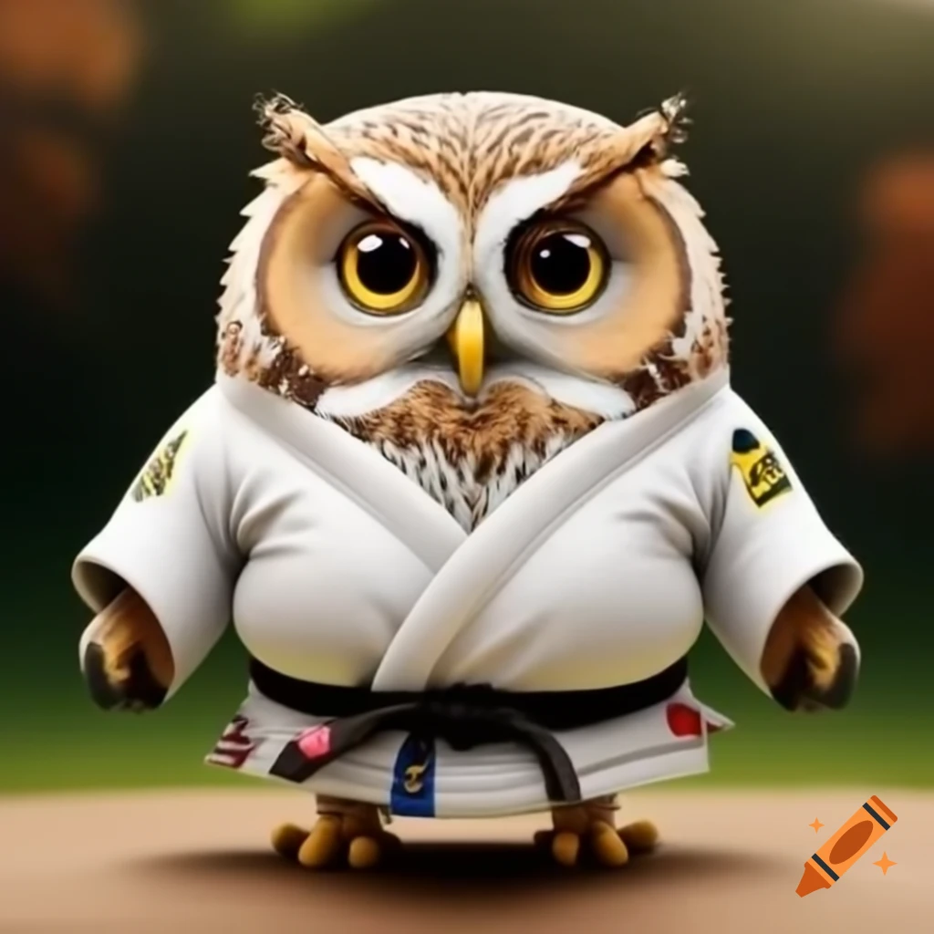 Happy owl wearing a white judo kimono on Craiyon