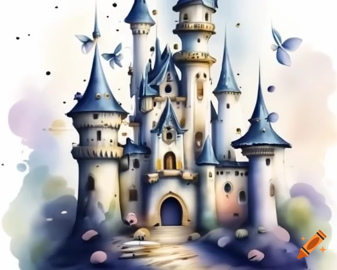 Watercolor fairy castle in soft black and gold storybook style on Craiyon