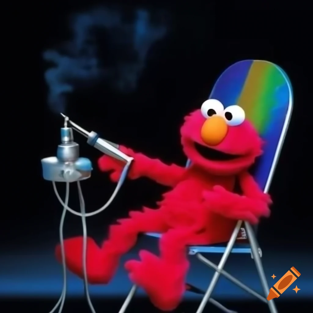 Elmo using airbrush to paint bright iridescent colors on metal chair ...