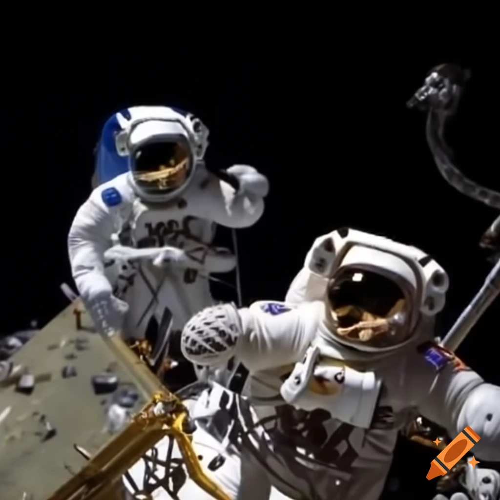 Astronauts performing repairs on satellites in space on Craiyon