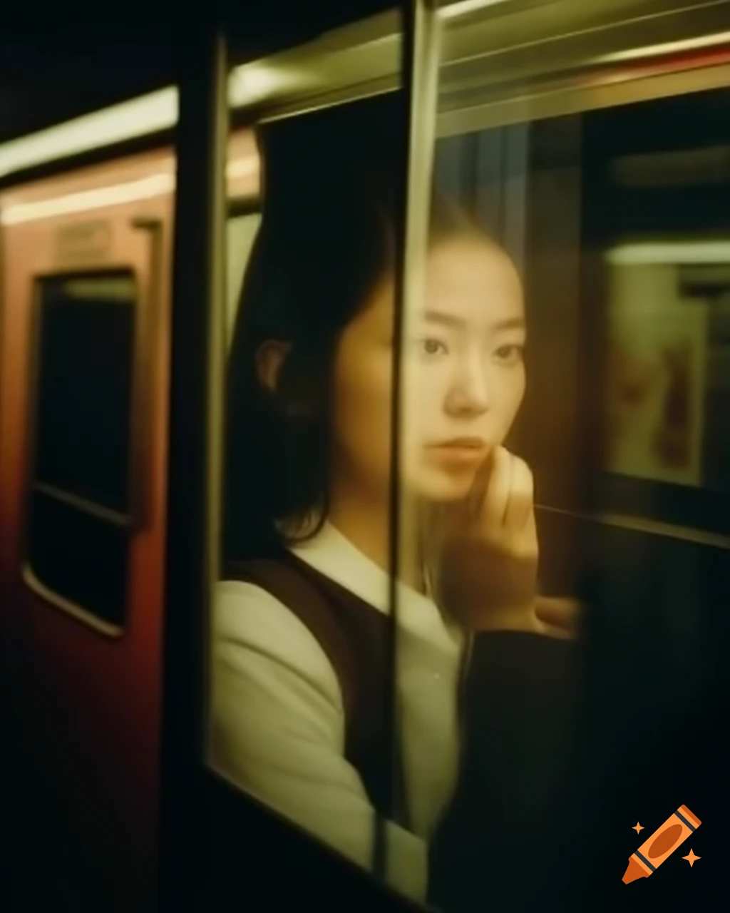 Girl touching reflection in tokyo subway window, vintage 1990 photo on Craiyon