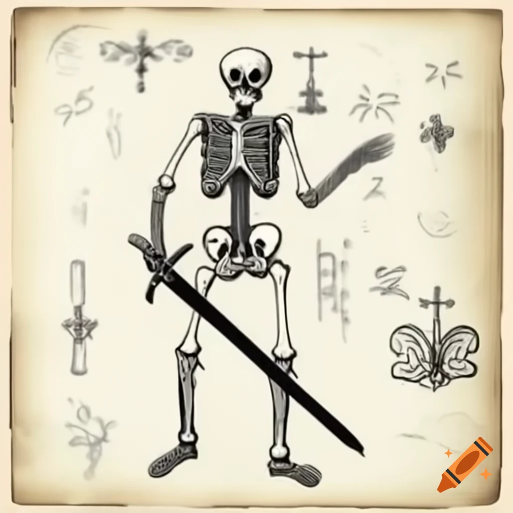 Skeleton holding sword in medieval manuscript style, black and white on ...