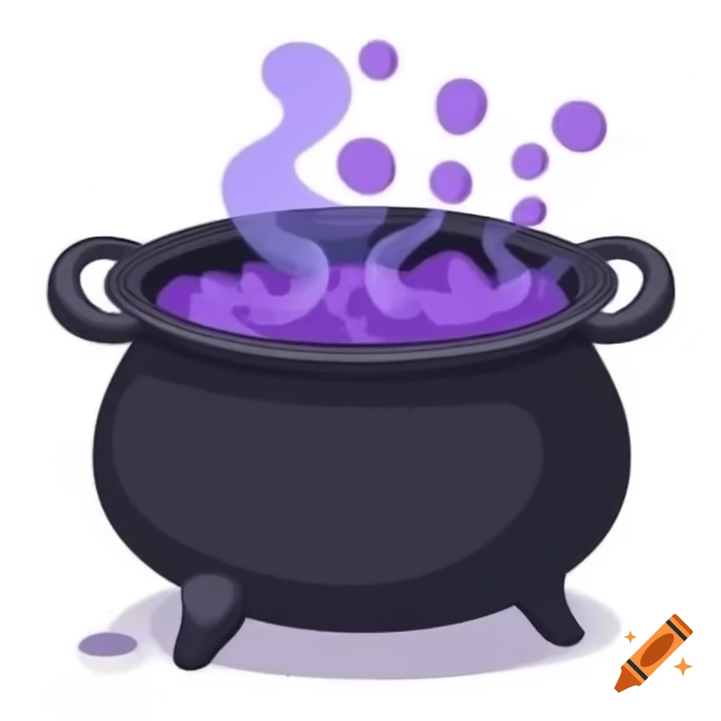Black cauldron with purple smoke and bubbles spilling over on Craiyon