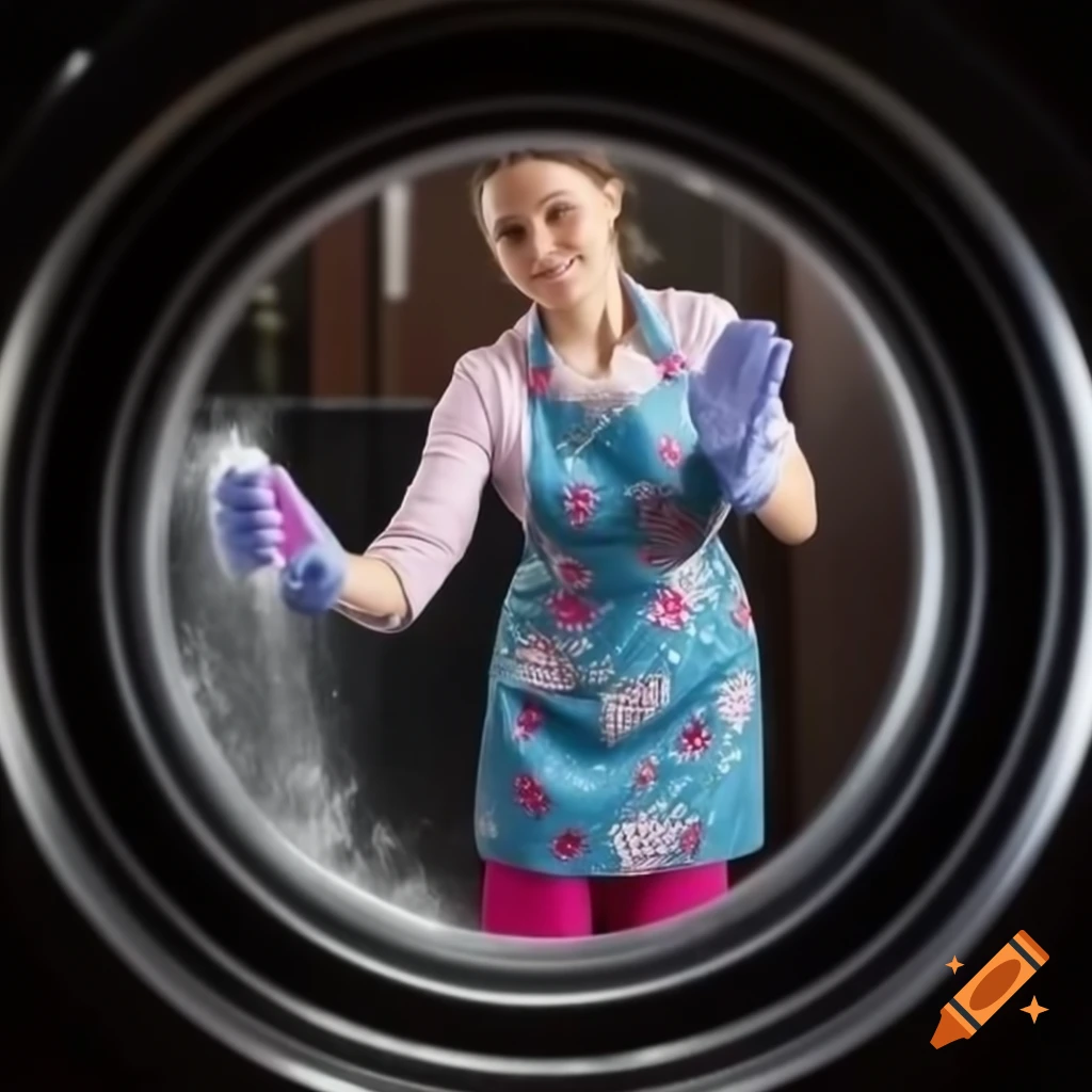 Caucasian housewife in floral apron loading washing powder into washing ...