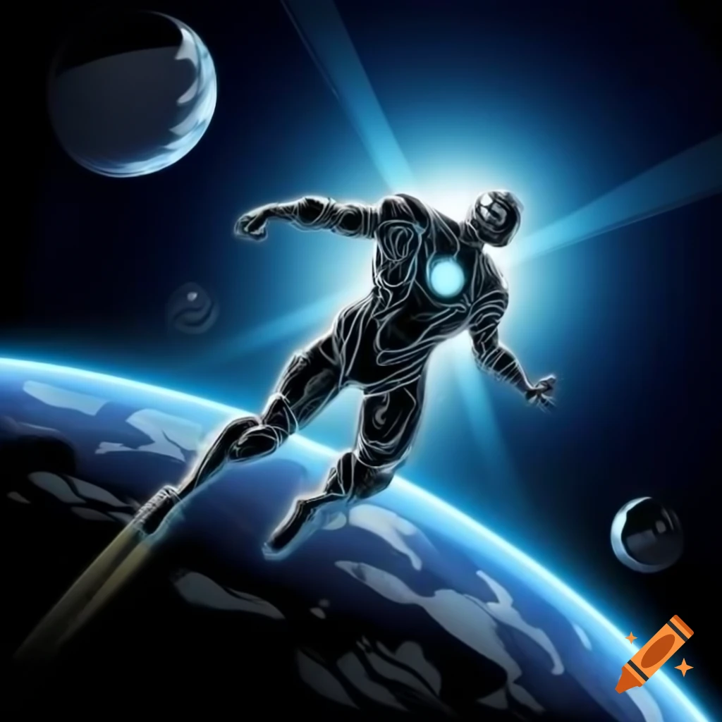 Cybernetic superhero floating in space with sci-fi space station and ...