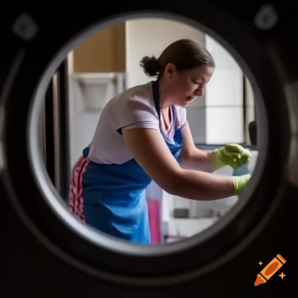 Caucasian woman in floral apron loading washing powder into washing ...