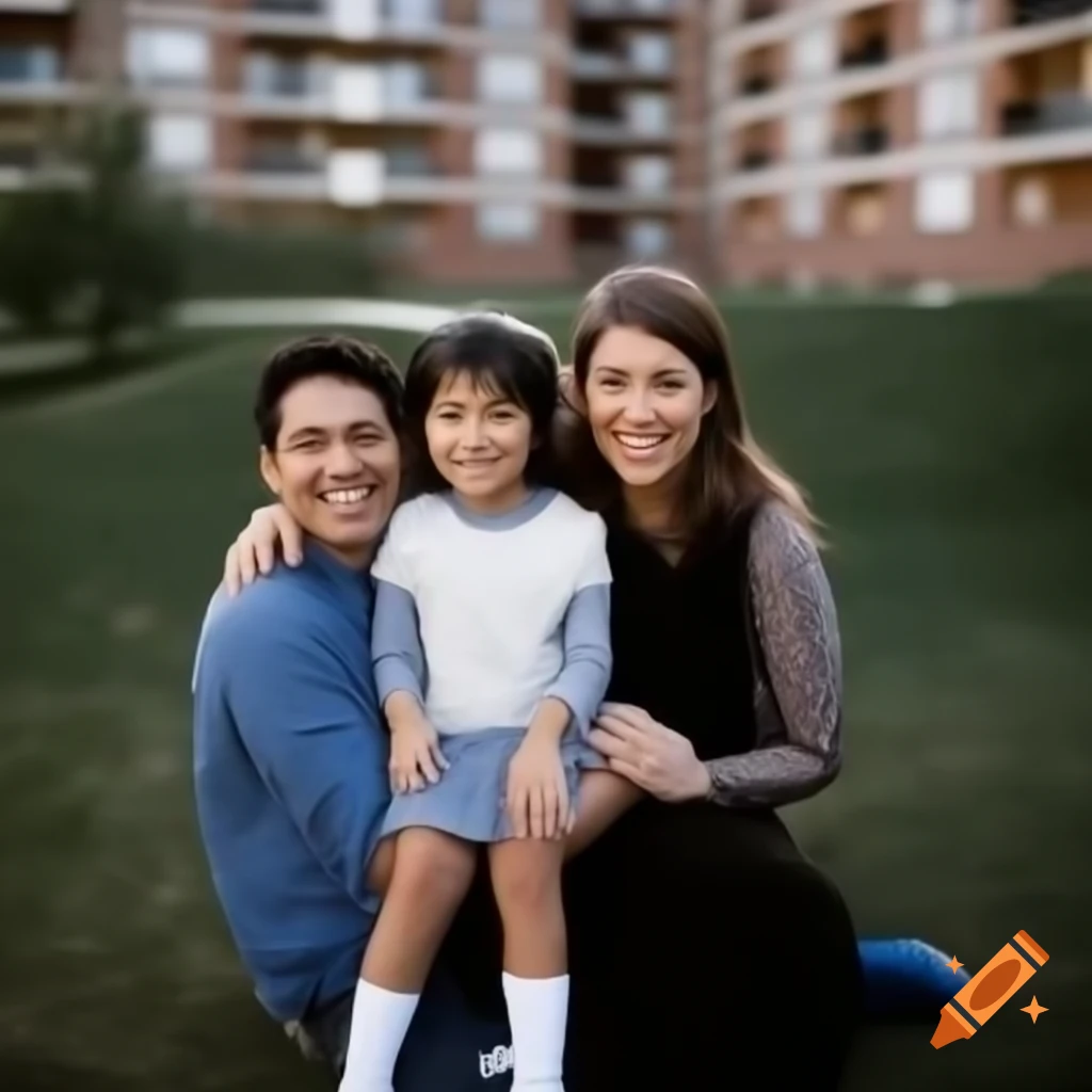 Happy family enjoying outdoor space in apartment complex on Craiyon