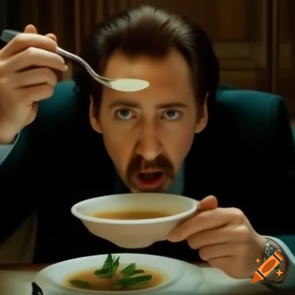 Nicolas Cage eating soup with intense gaze into the camera on Craiyon