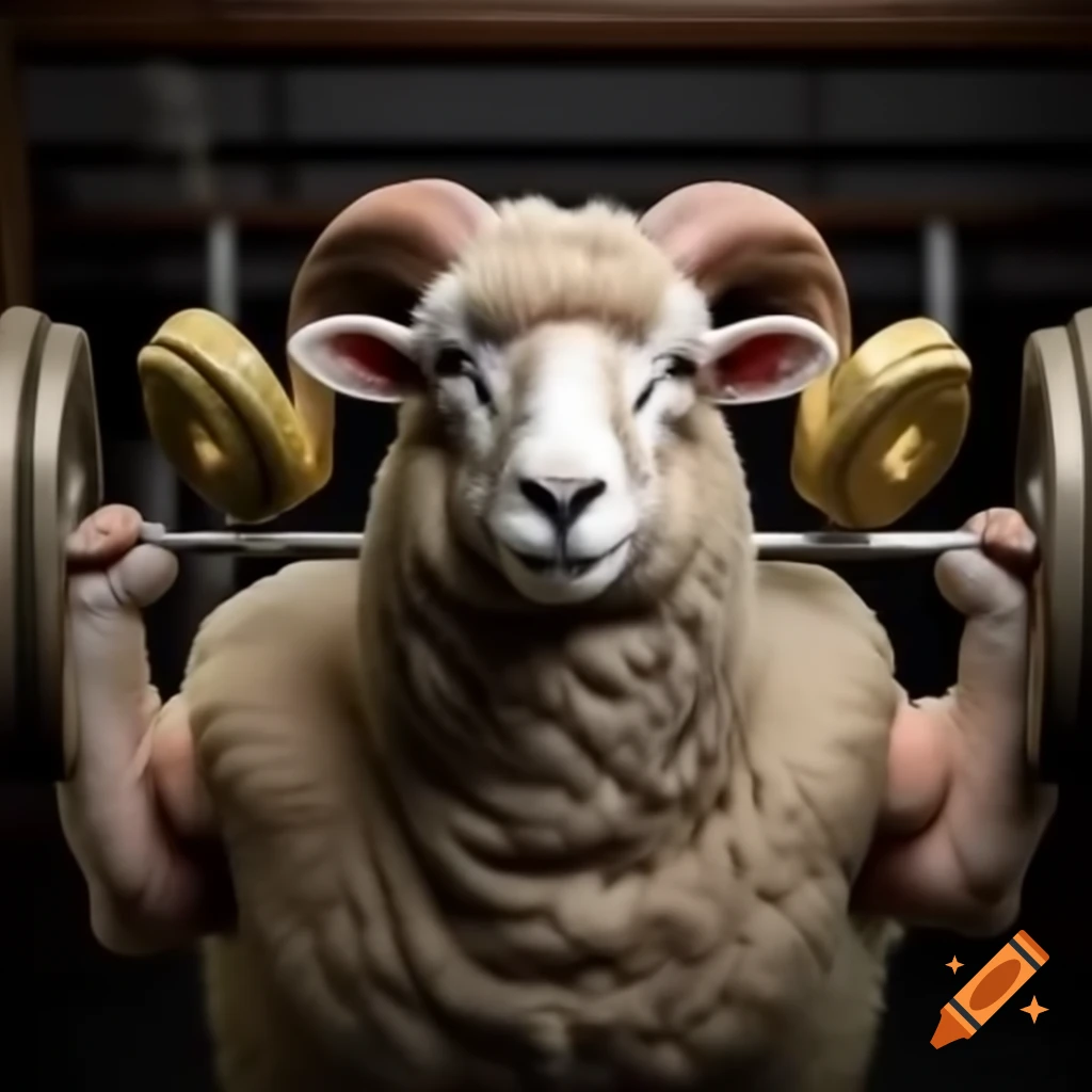 Sheep engaging in weightlifting exercise on Craiyon