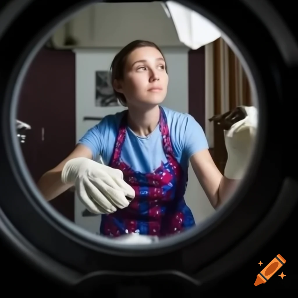 Caucasian housewife in floral apron loading washing powder into washing ...