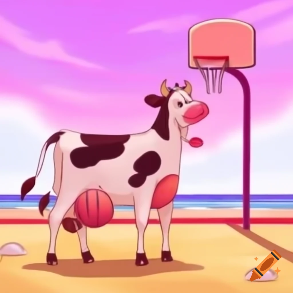 House cow playing basketball on beach with pink sky on Craiyon