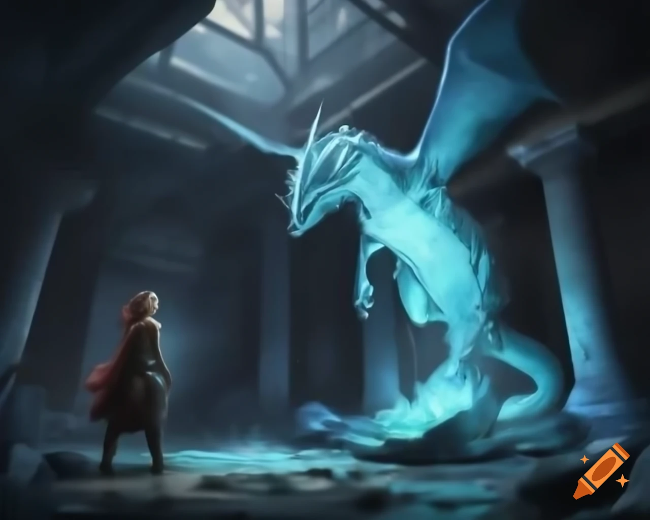 Female explorer discovering luminous ice dragon statue in abandoned temple on Craiyon