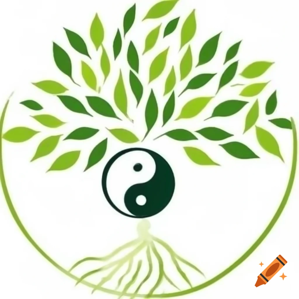 Yin yang symbol integrated with tree logo featuring green leaves on Craiyon