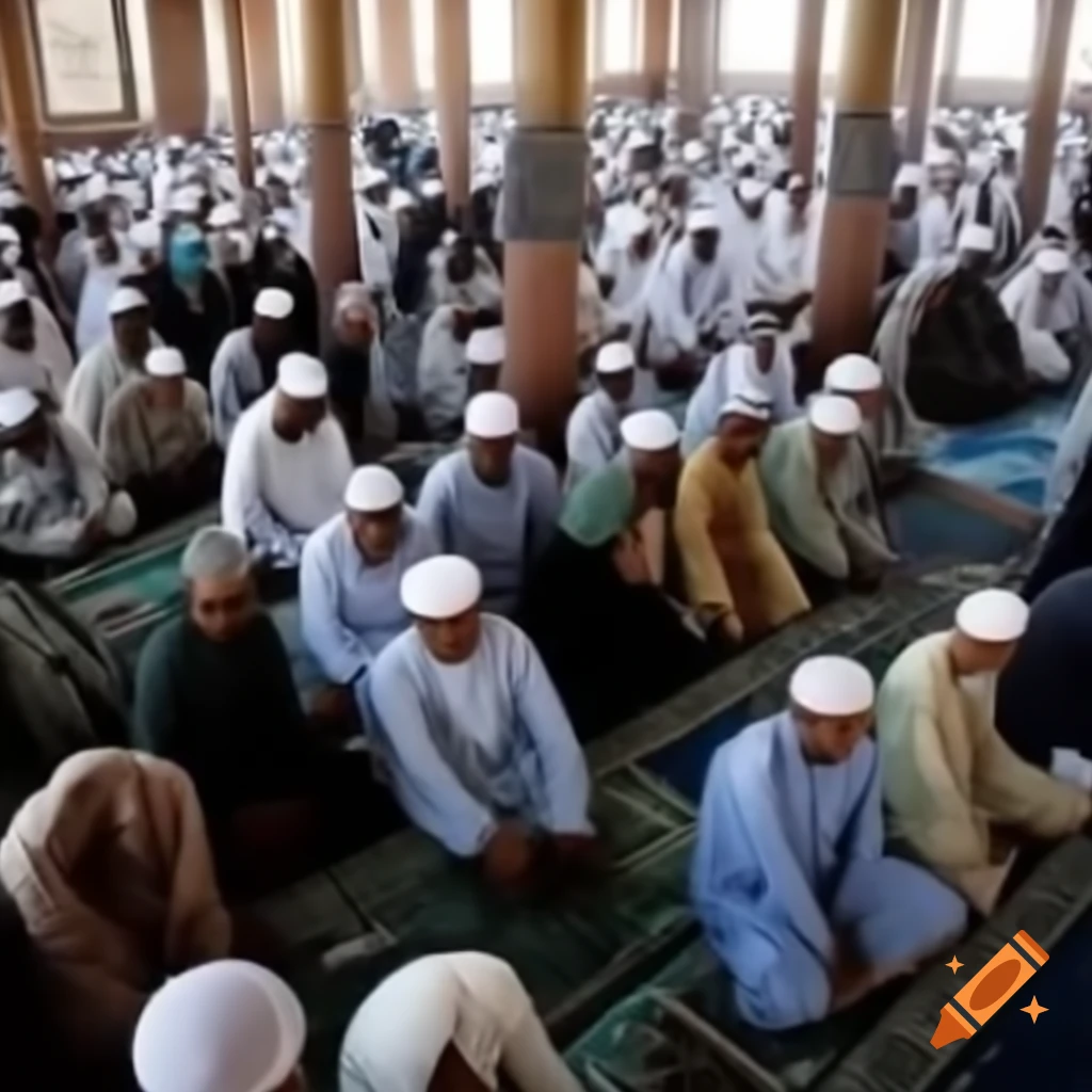Group of Muslims in traditional attire engaged in discussion or prayer ...