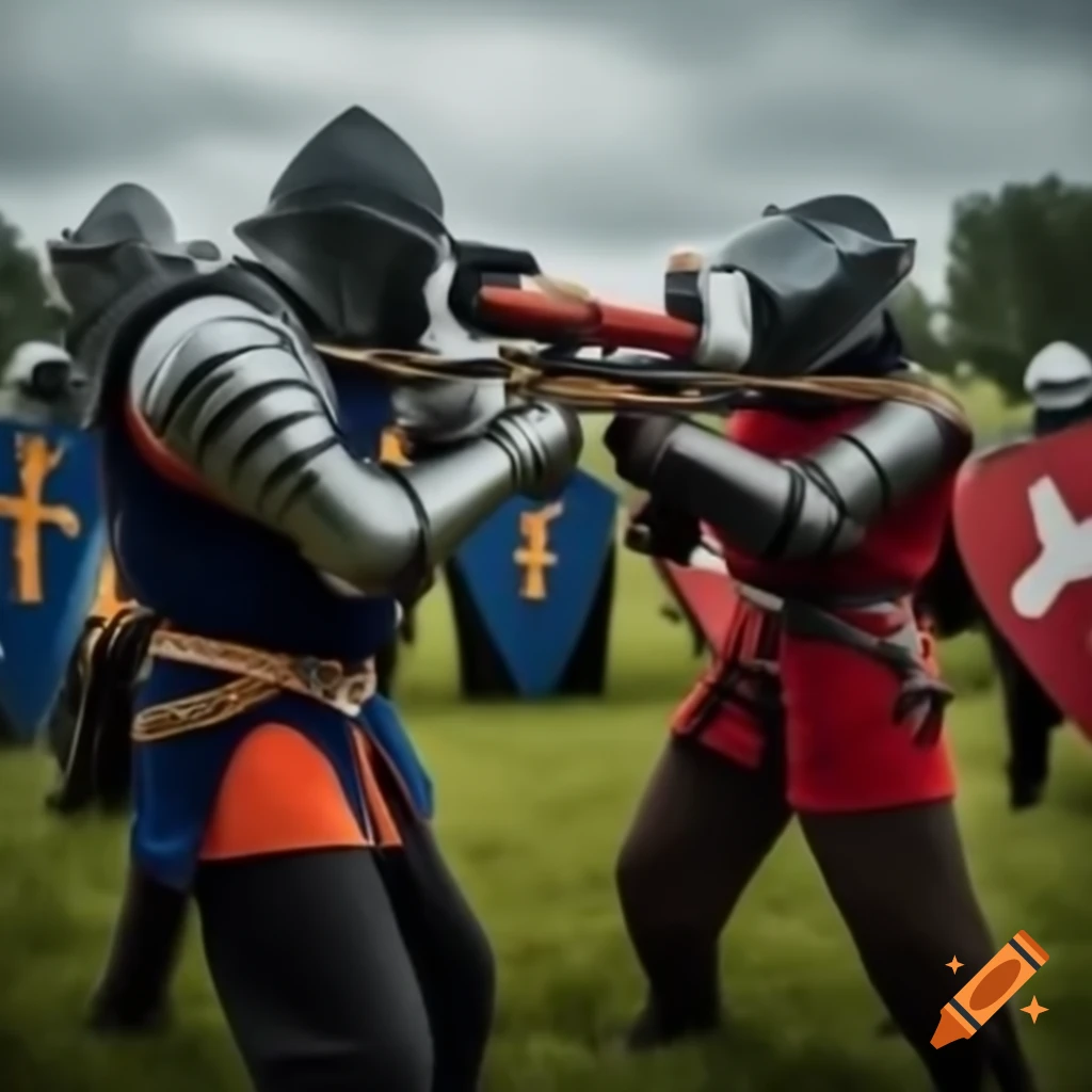 Medieval knights engaged in colorful paintball match on Craiyon