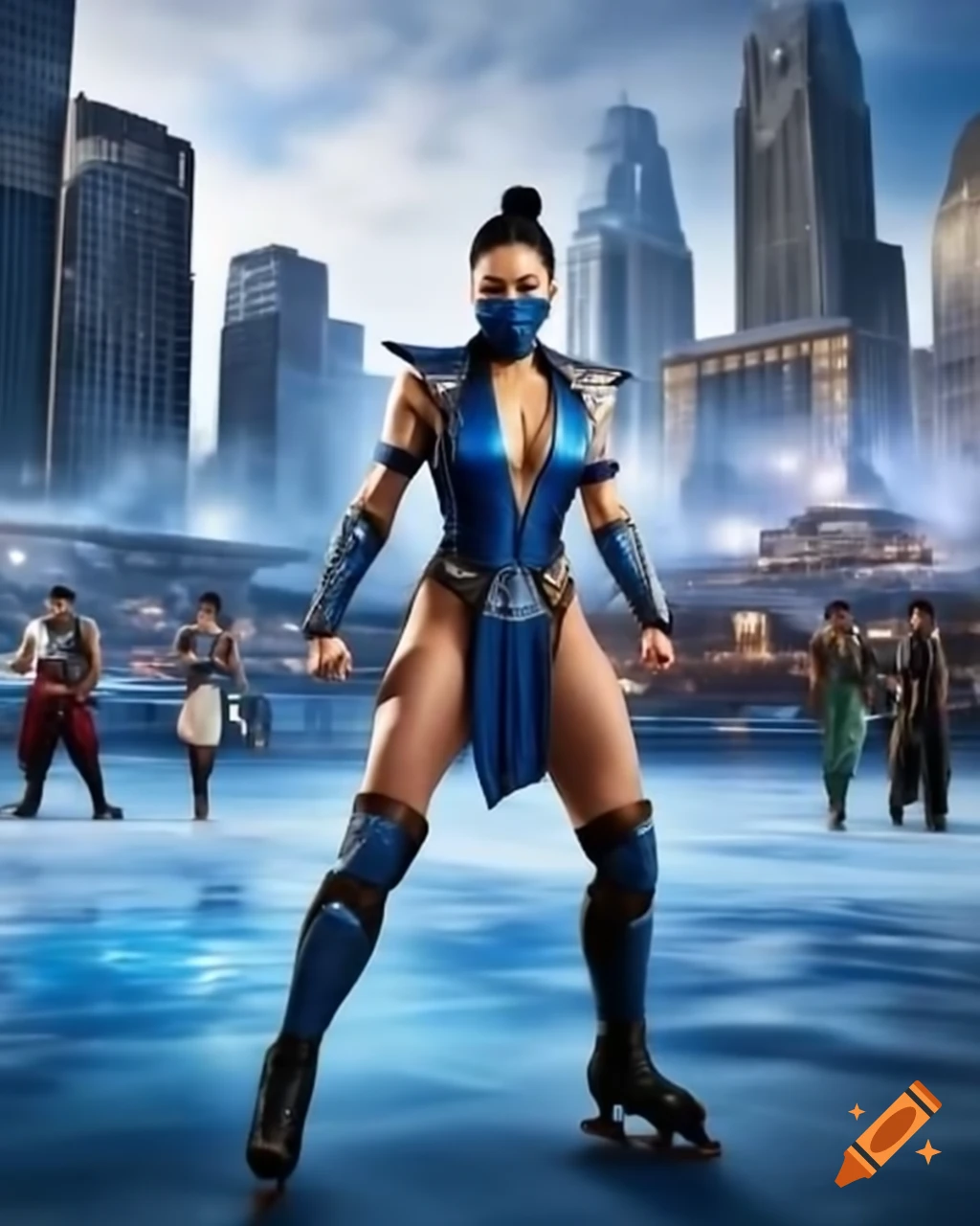 Sub Zero from Mortal Kombat ice skating on frozen lake in romantic city square on Craiyon
