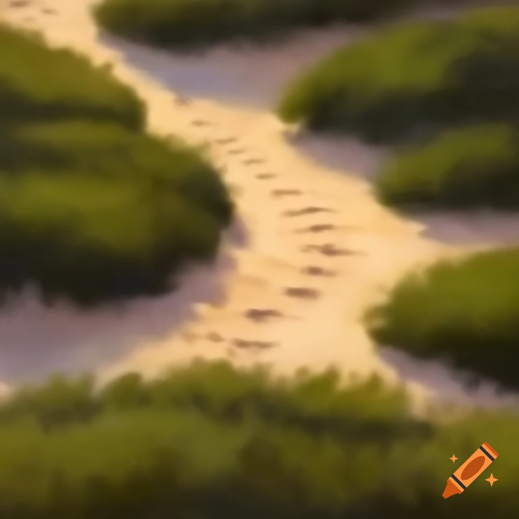 Top-down view of sandy path through lush vegetation, oil painting on ...