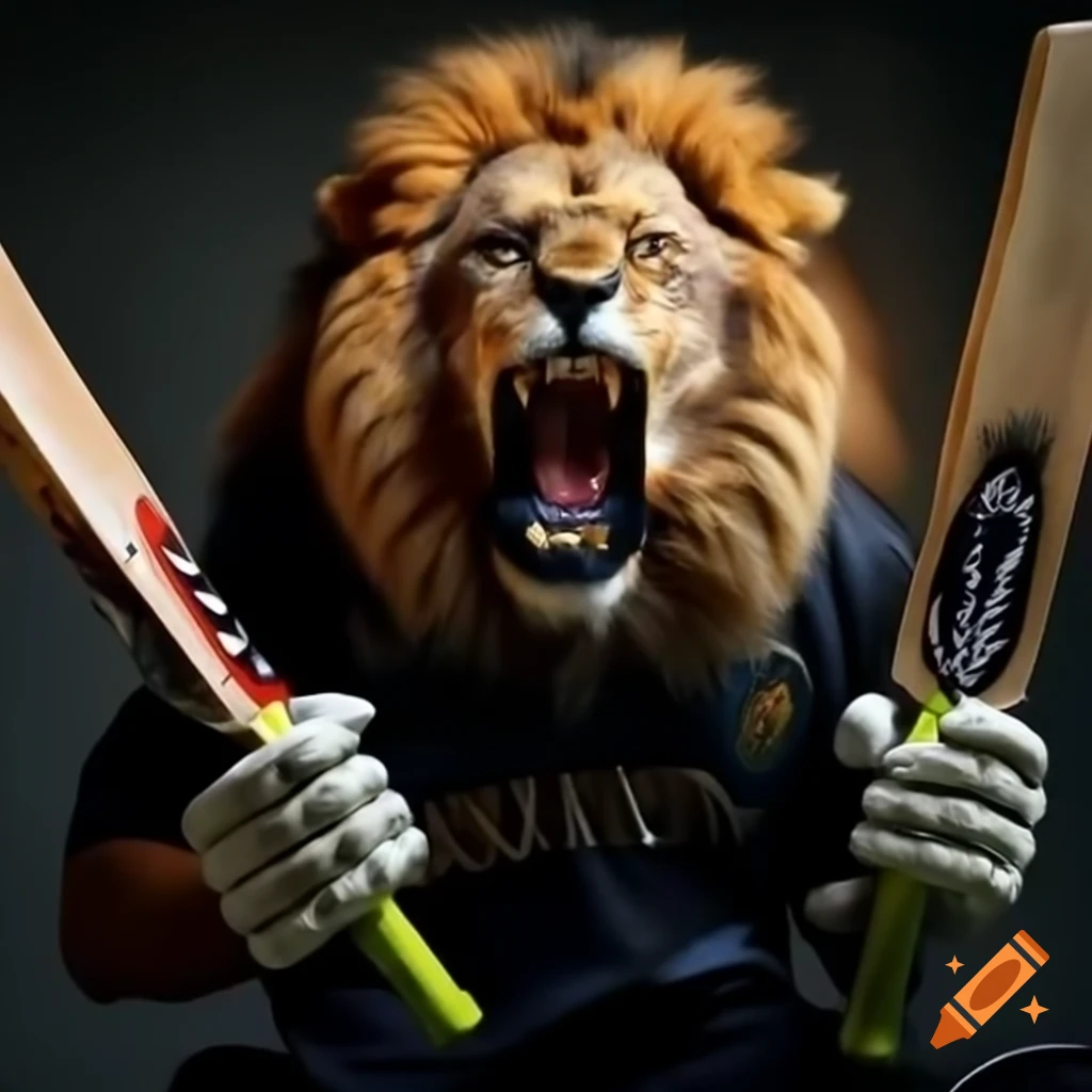 Aggressive lion holding cricket bat in black uniform on Craiyon