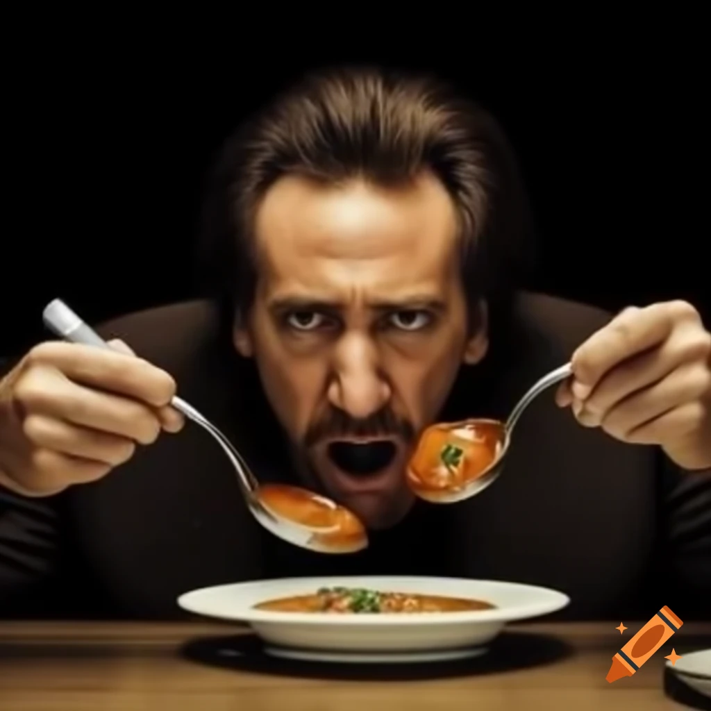 Nicolas Cage eating soup with intense gaze into the camera on Craiyon