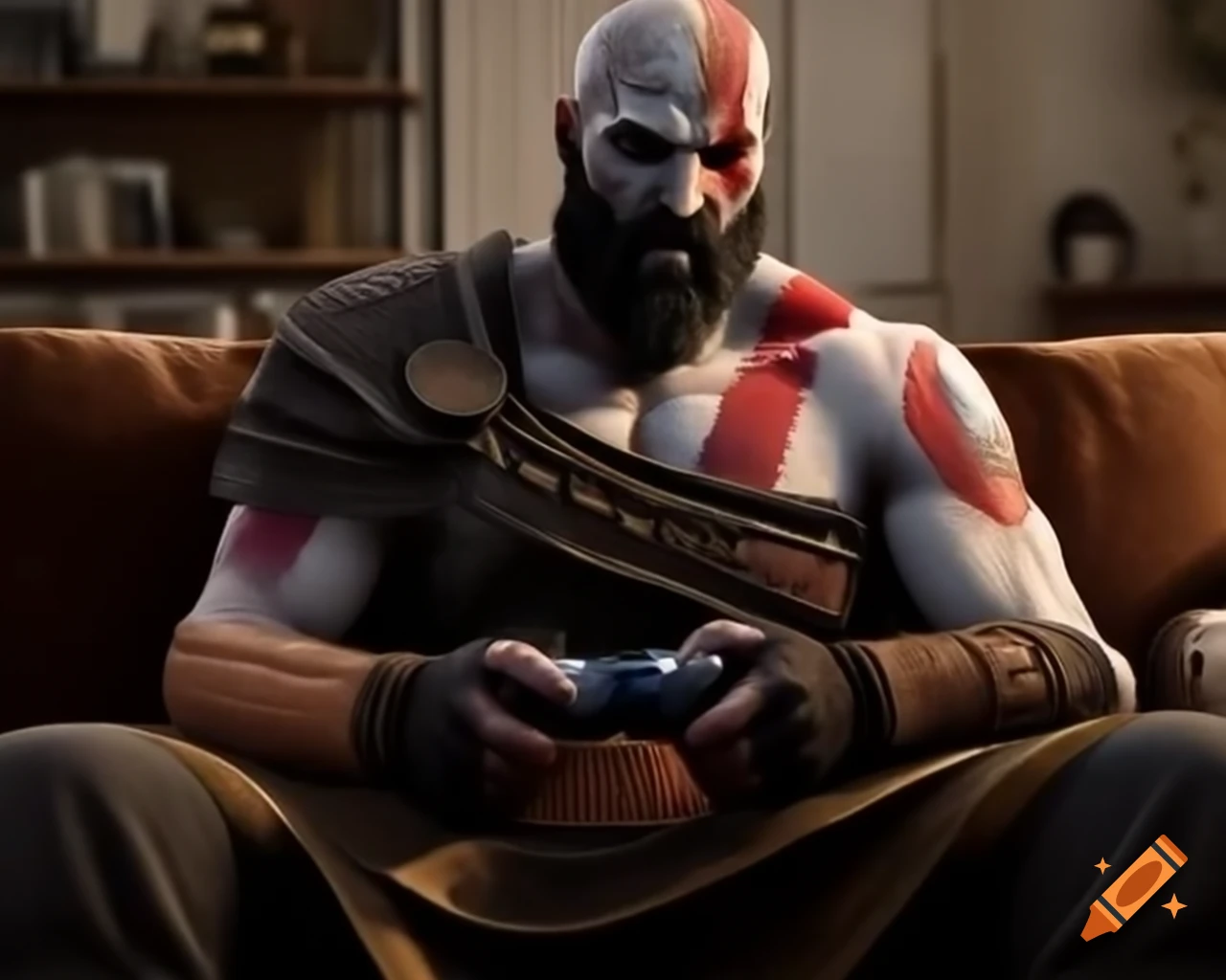 Kratos enjoying video games in living room with playstation 5 controller on Craiyon