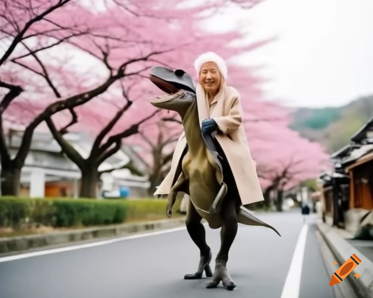 Lobster riding velociraptor in fashionable coat on Japanese street with ...