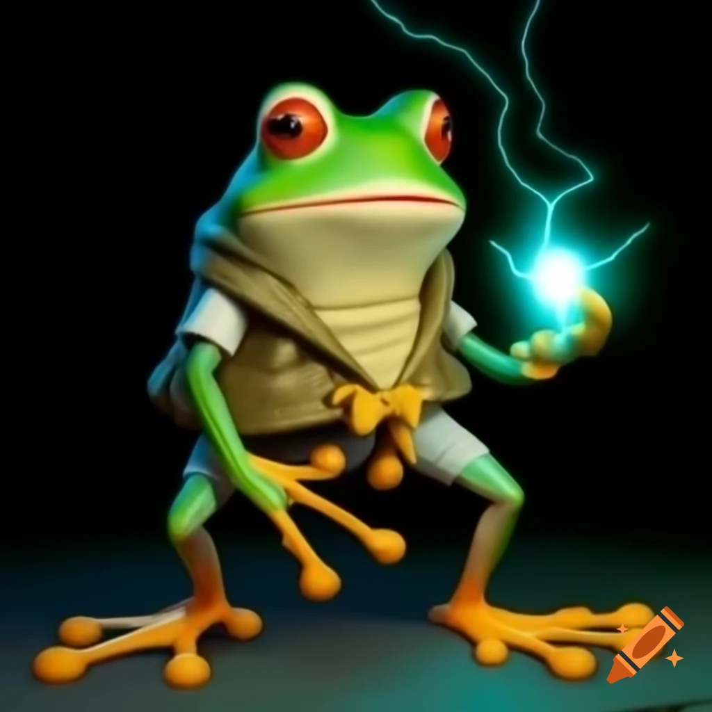 Cartoonish humanlike frog casting lightning spell on Craiyon